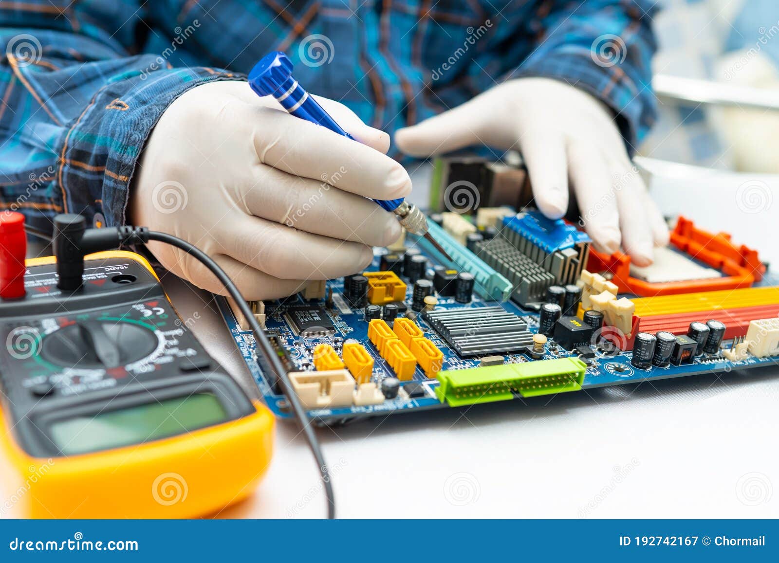 Technician Repairing Micro Circuit Main Board Computer Electronic ...