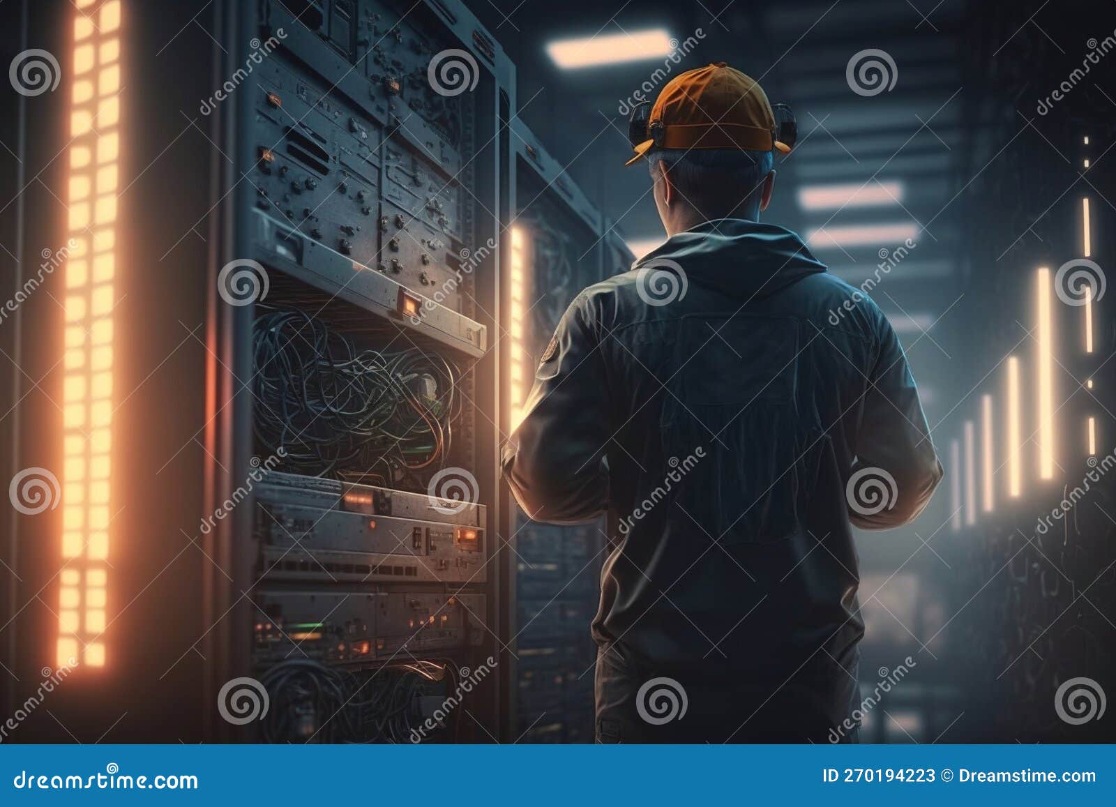 Technician In Server Room. Computer Lan Master With Router Communicate Hardware Cabling Tech ...