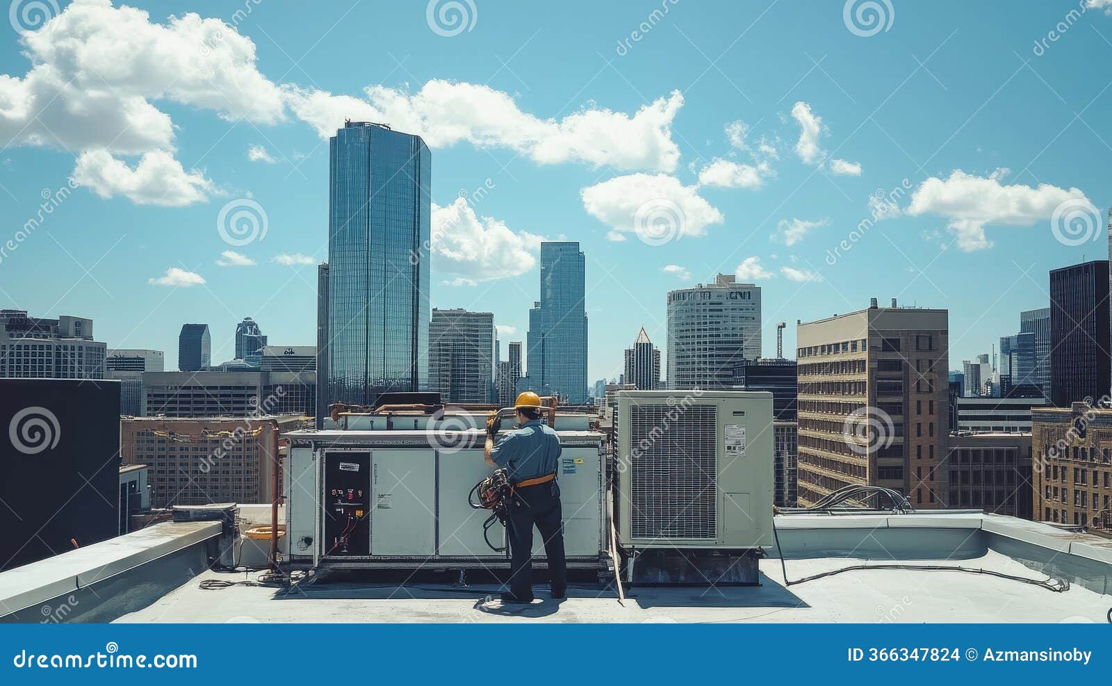 A Technician Services Rooftop HVAC Units With A City Skyline In The ...