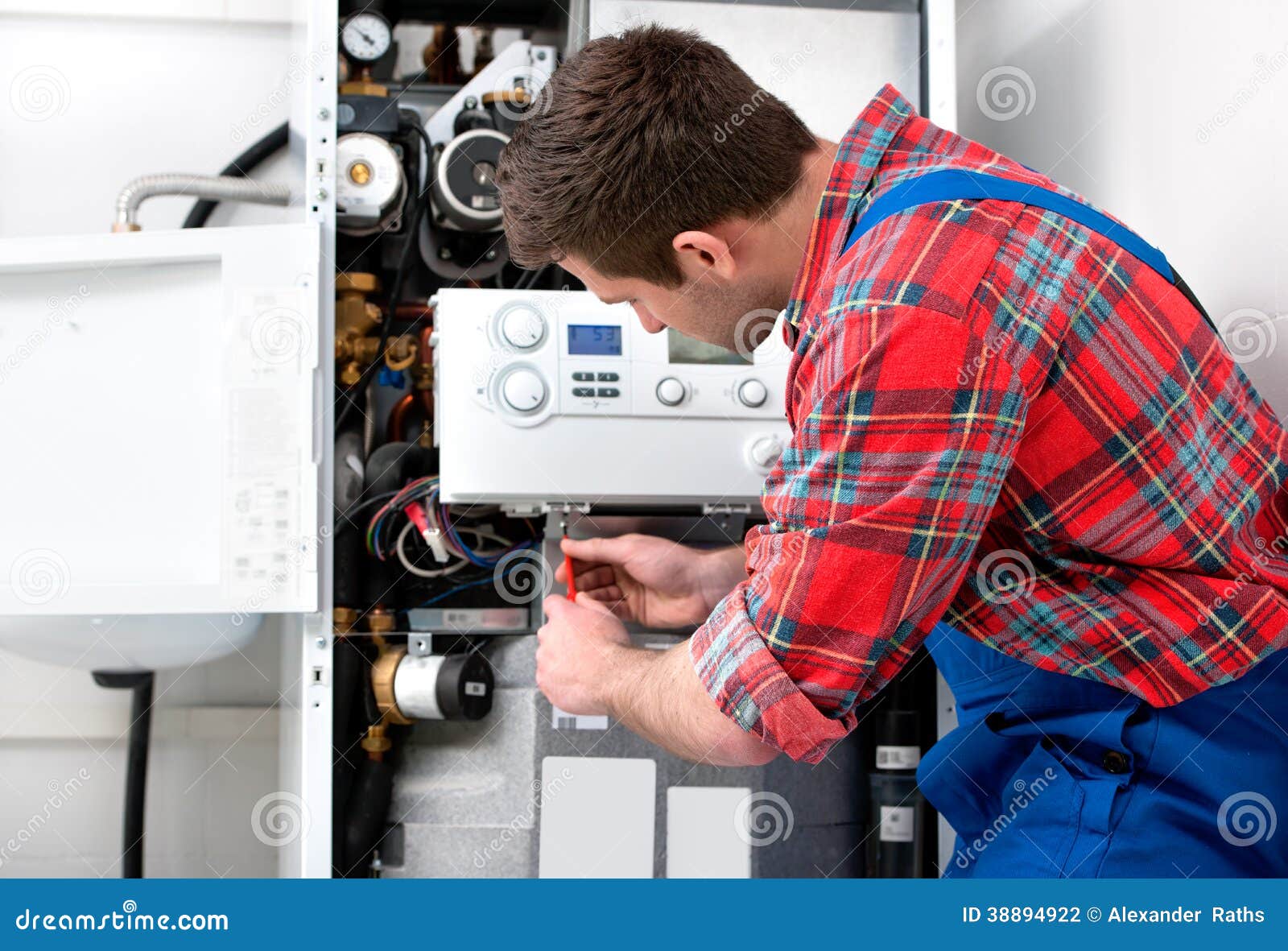 Technician Servicing Heating Boiler Stock Photo - Image of plumber ...