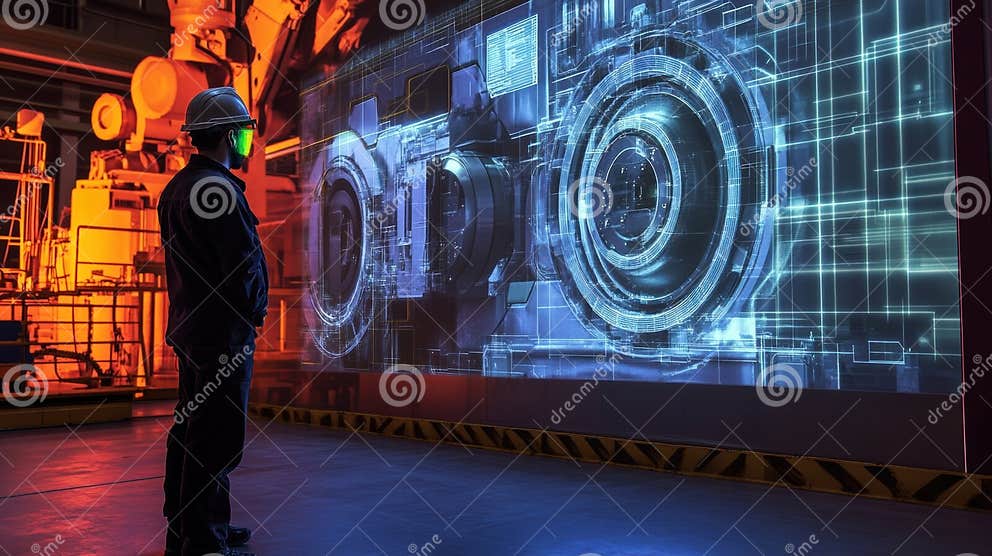 A Technician Stands in Front of a Large Assembly Machine an AR Display ...