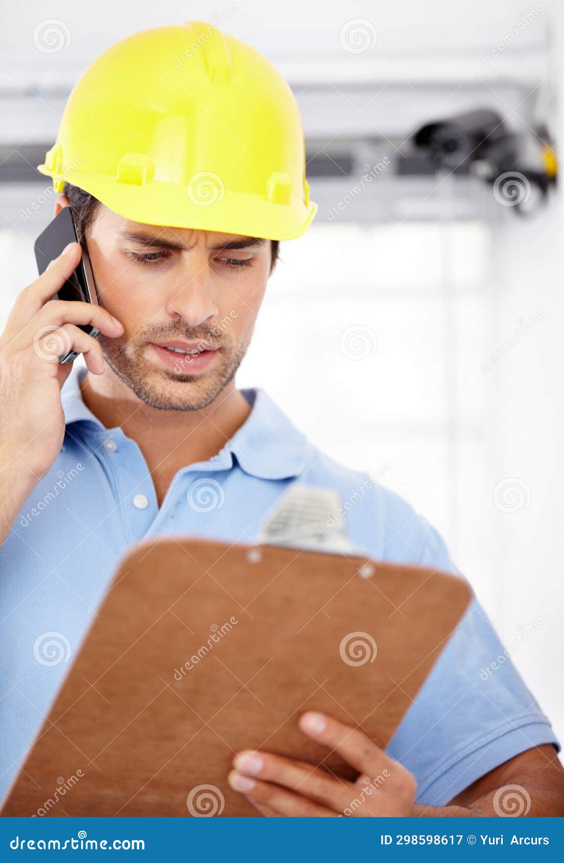 Technician, Stress and Phone Call for Security Camera, Checklist and ...