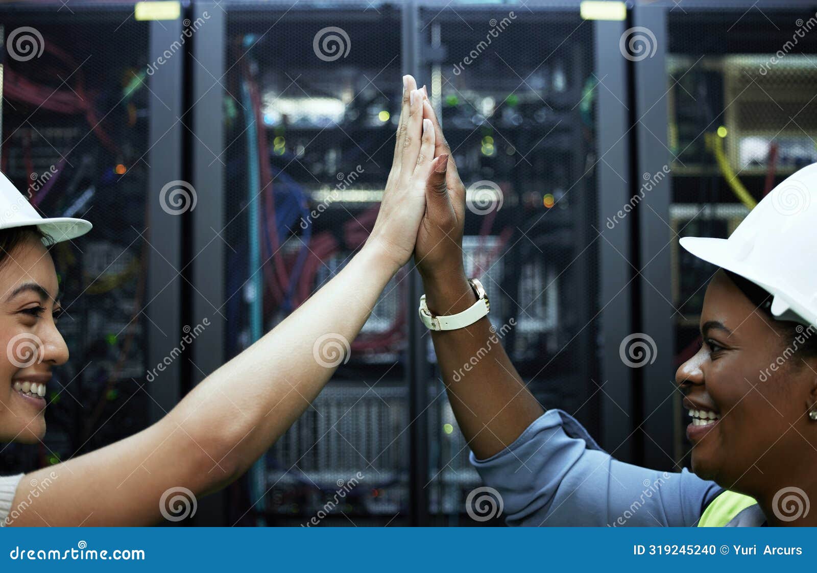 Technician, Teamwork and People High Five for Success in Server Room or ...