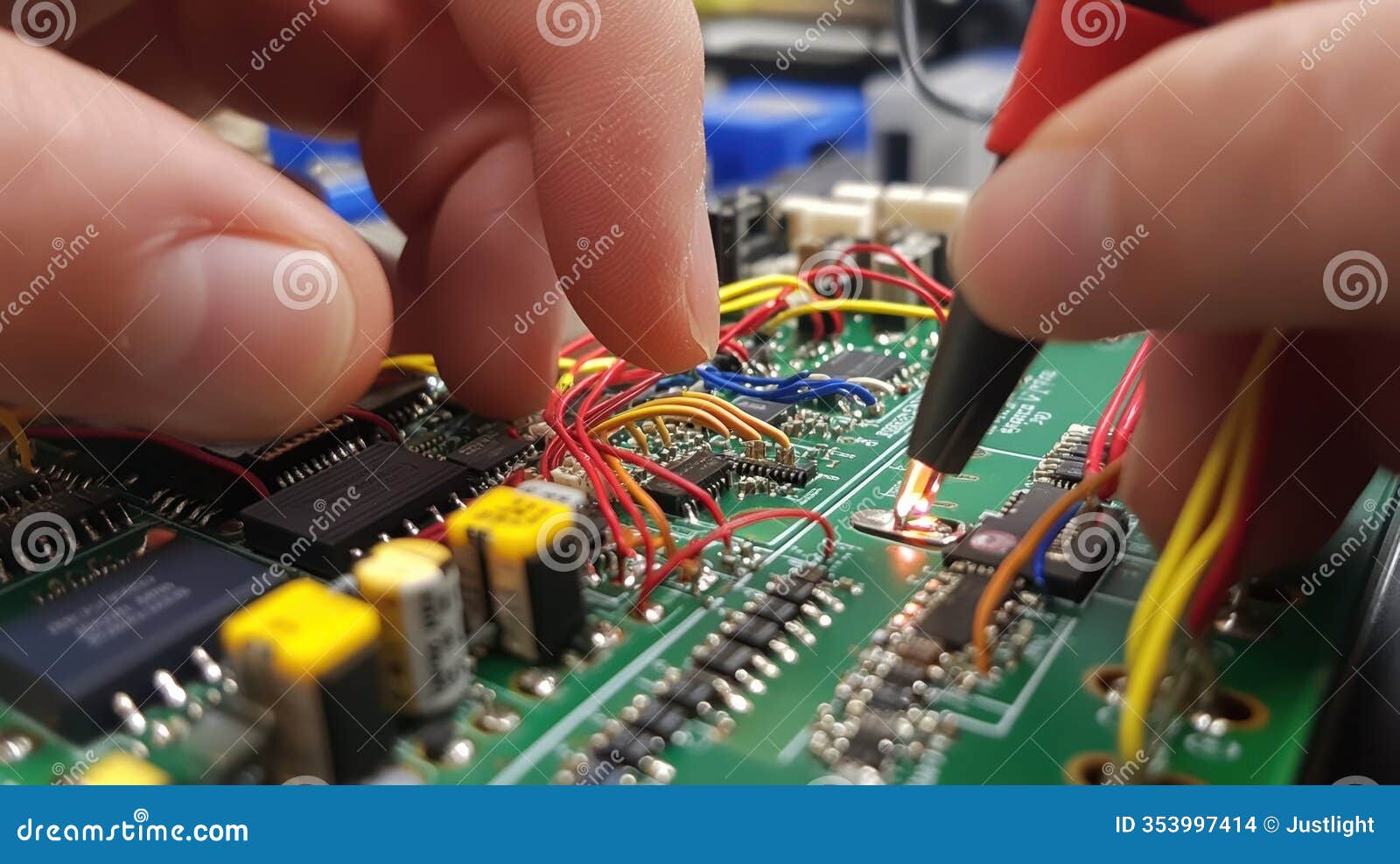 Technician Testing Electronic Circuit Board with Multimeter Probes ...