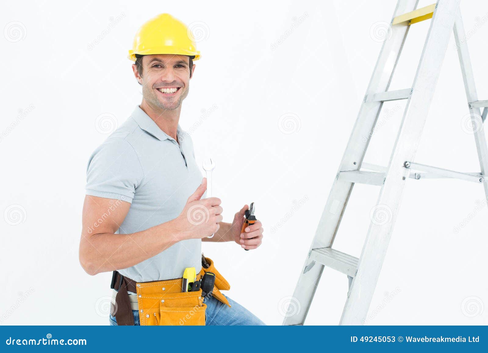 Technician with Tools Showing Thumbs Up by Step Ladder Stock Image ...