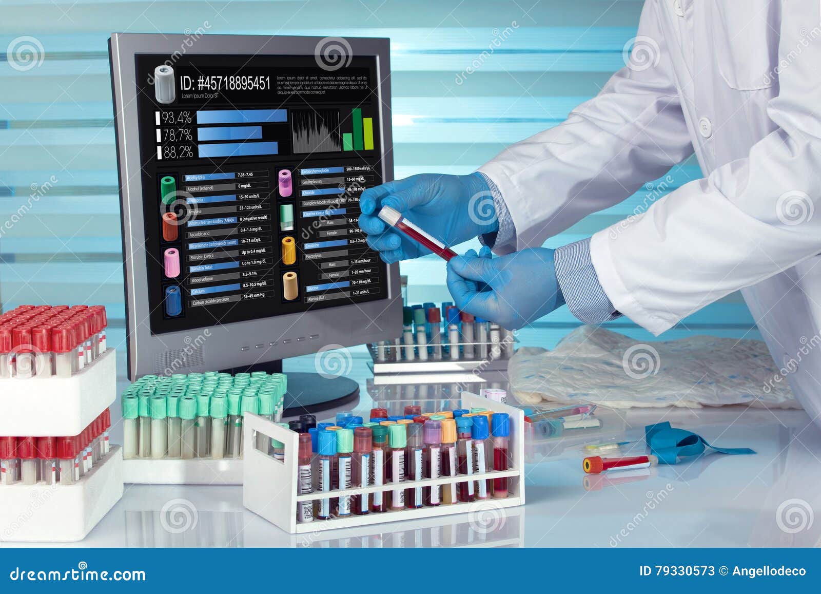 Technician with a Tube of Blood and Screen Computer with Software of ...