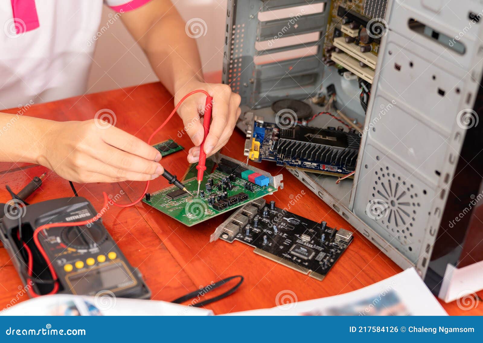 The Technician Use Multi Meter Checking the Computer Parts Stock Photo ...
