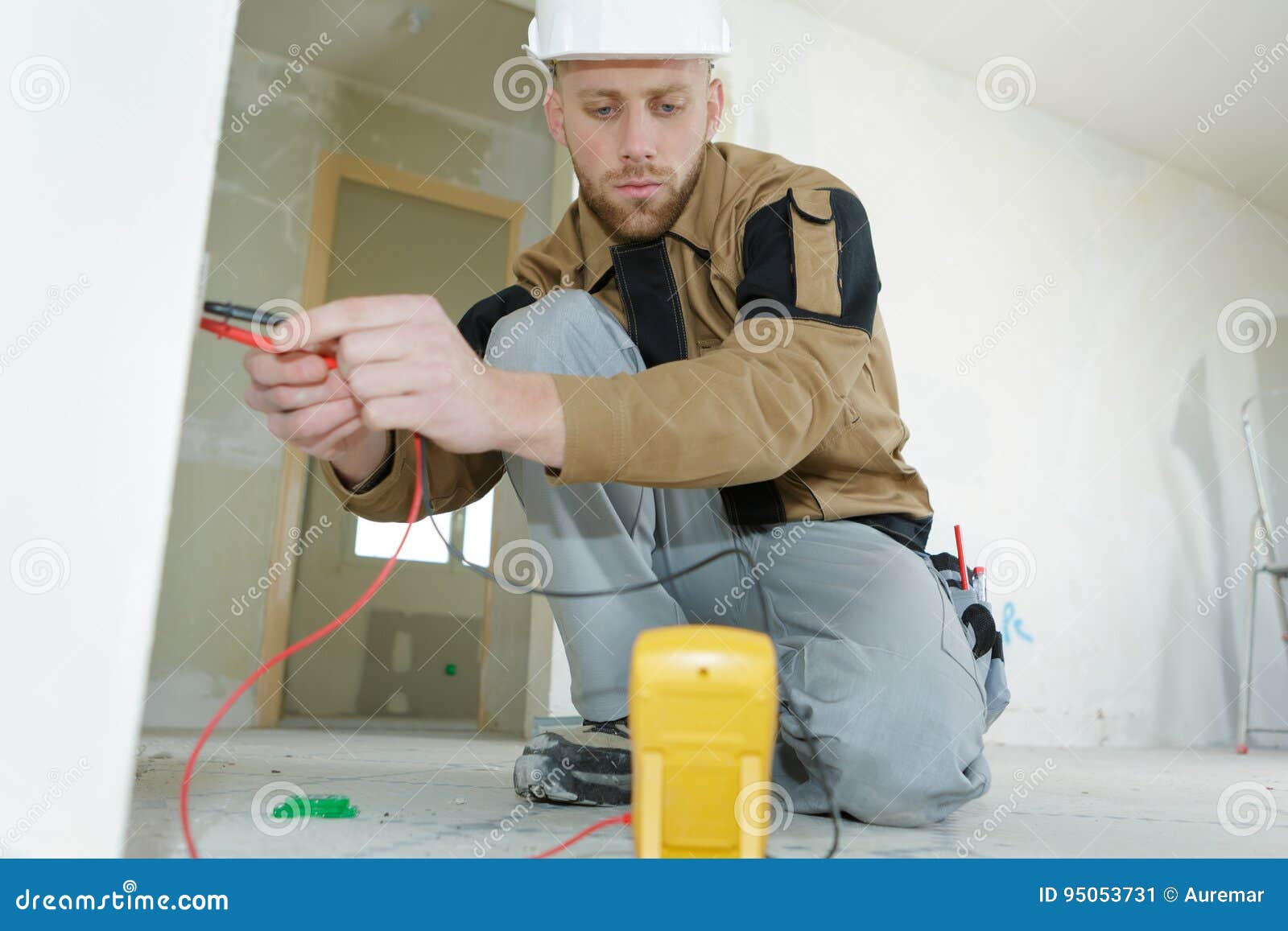 Technician Using Digital Multimeter Measuring Voltage Socket Stock ...