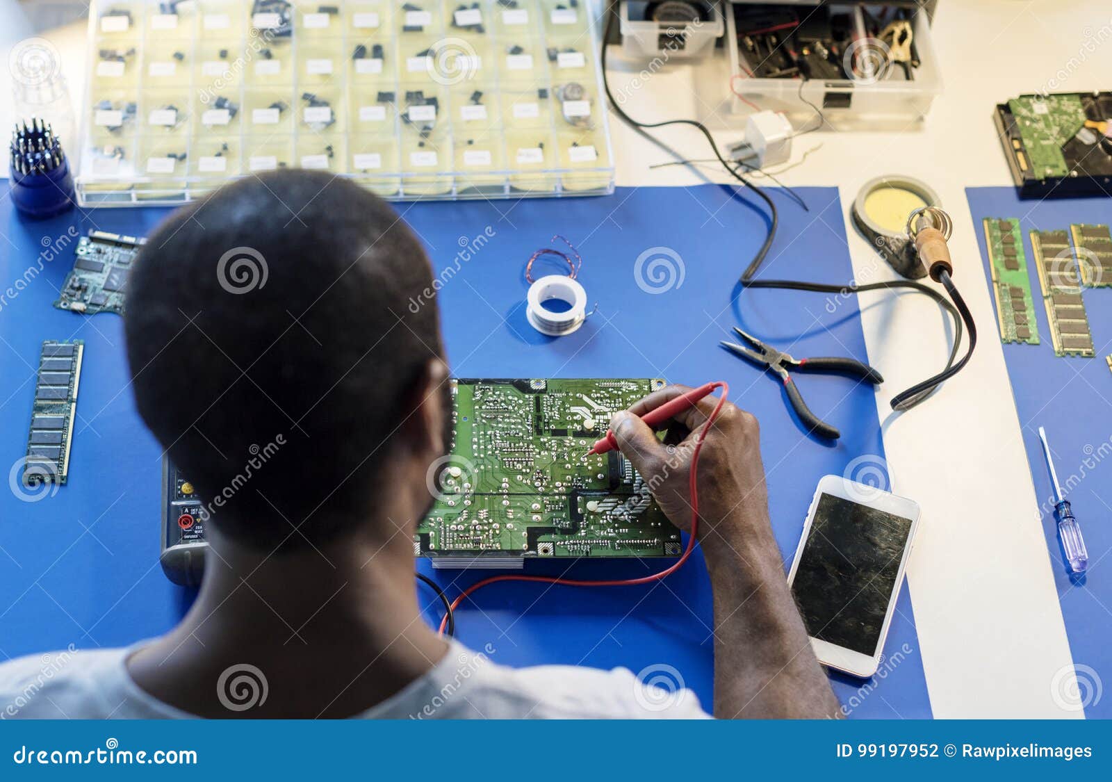 Technician Using Multimeter with Computer Electronics Parts Stock Photo ...
