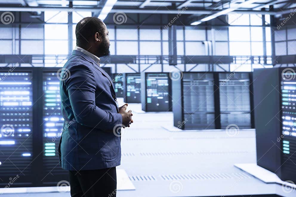 Technician Walking in Server Hub, Checking Hardware Stock Image - Image ...