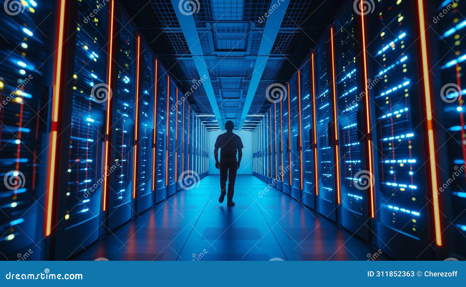 Silhouette of a Person in Data Center Corridor Stock Image - Image of ...