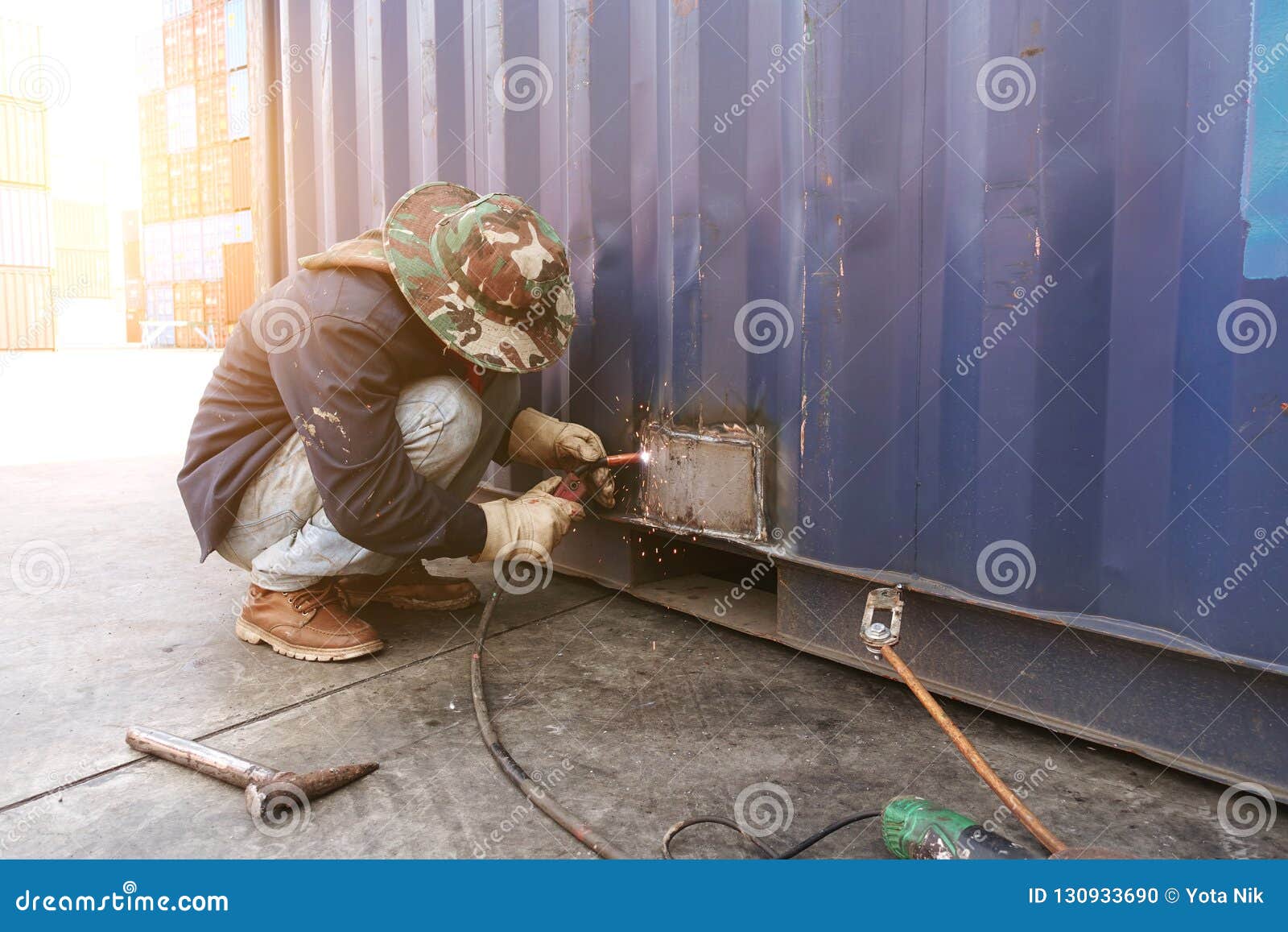 Technician is Welding Panel of Container in the Container Depot. Stock ...