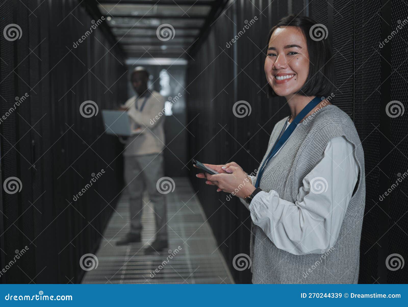 Technician, Woman and Portrait with Phone in Server Room for Digital ...