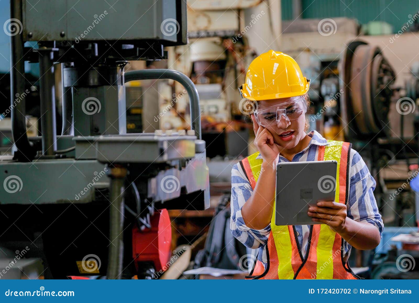 Technician Woman with Tablet Check or Maintenance the Machine in ...
