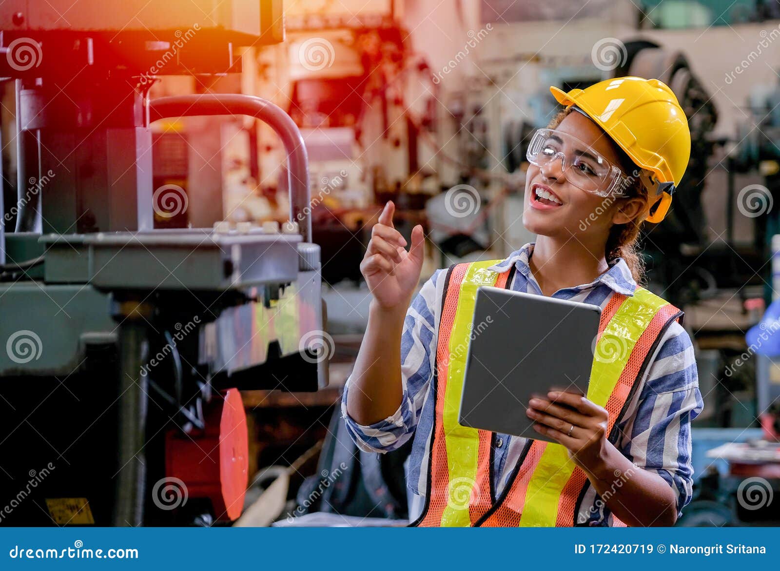 Technician Woman with Tablet Check or Maintenance the Machine in ...