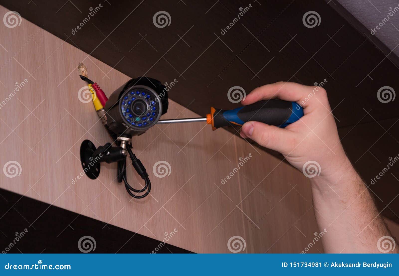 Technician Worker Installing Video Surveillance Camera. CCTV Camera ...