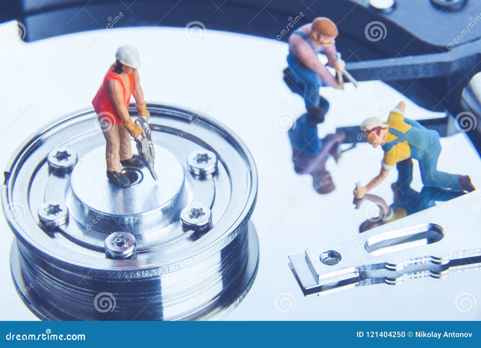 Technician Workers Repairing Hard Disk Drive. Computer Service Concept ...