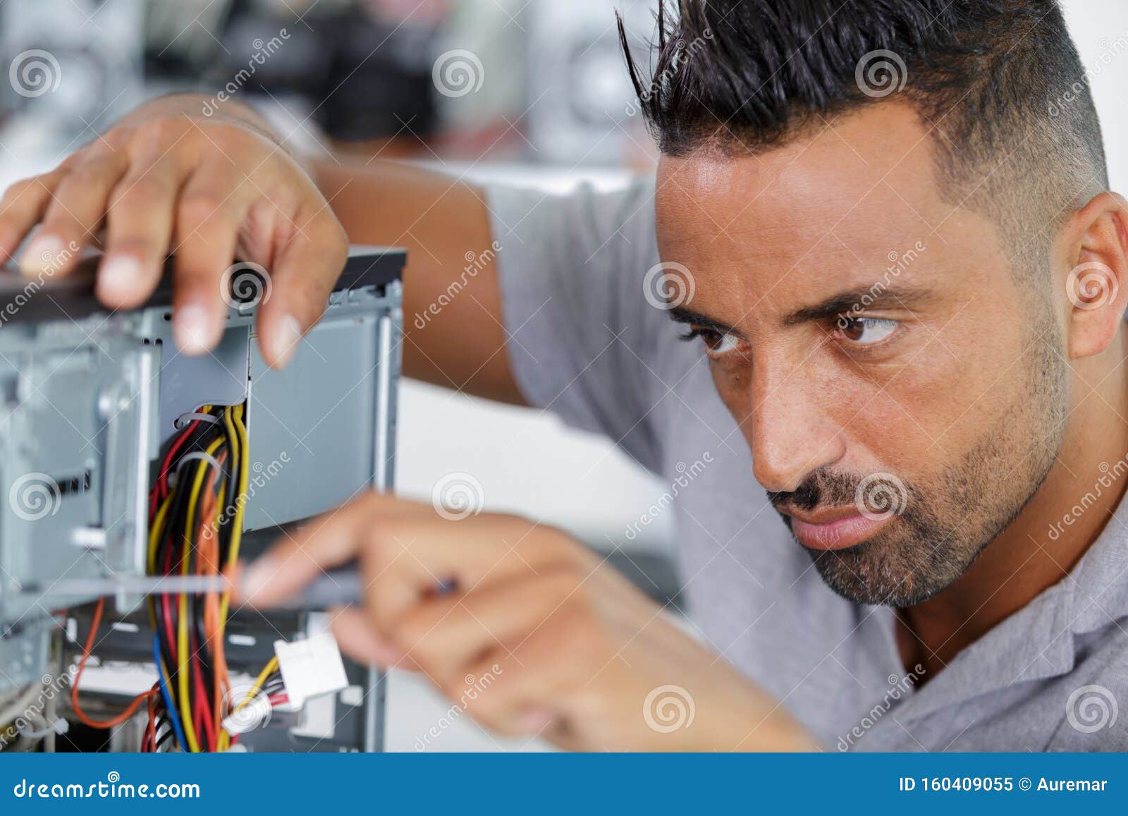 Technician Working on Broken Computer in Workshop Stock Image - Image ...