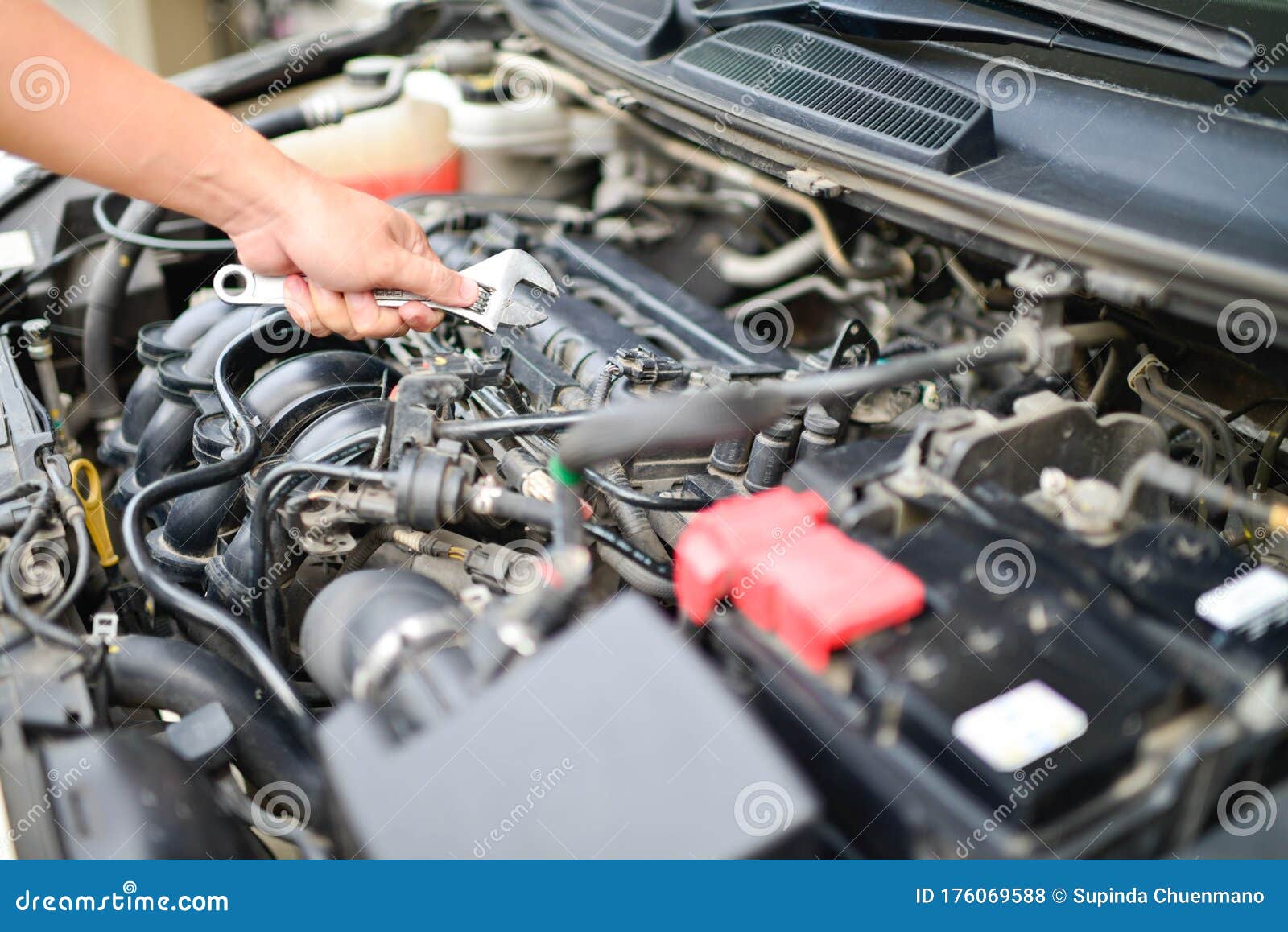 Technician Working on Checking and Service Car Auto Mechanic Working in ...
