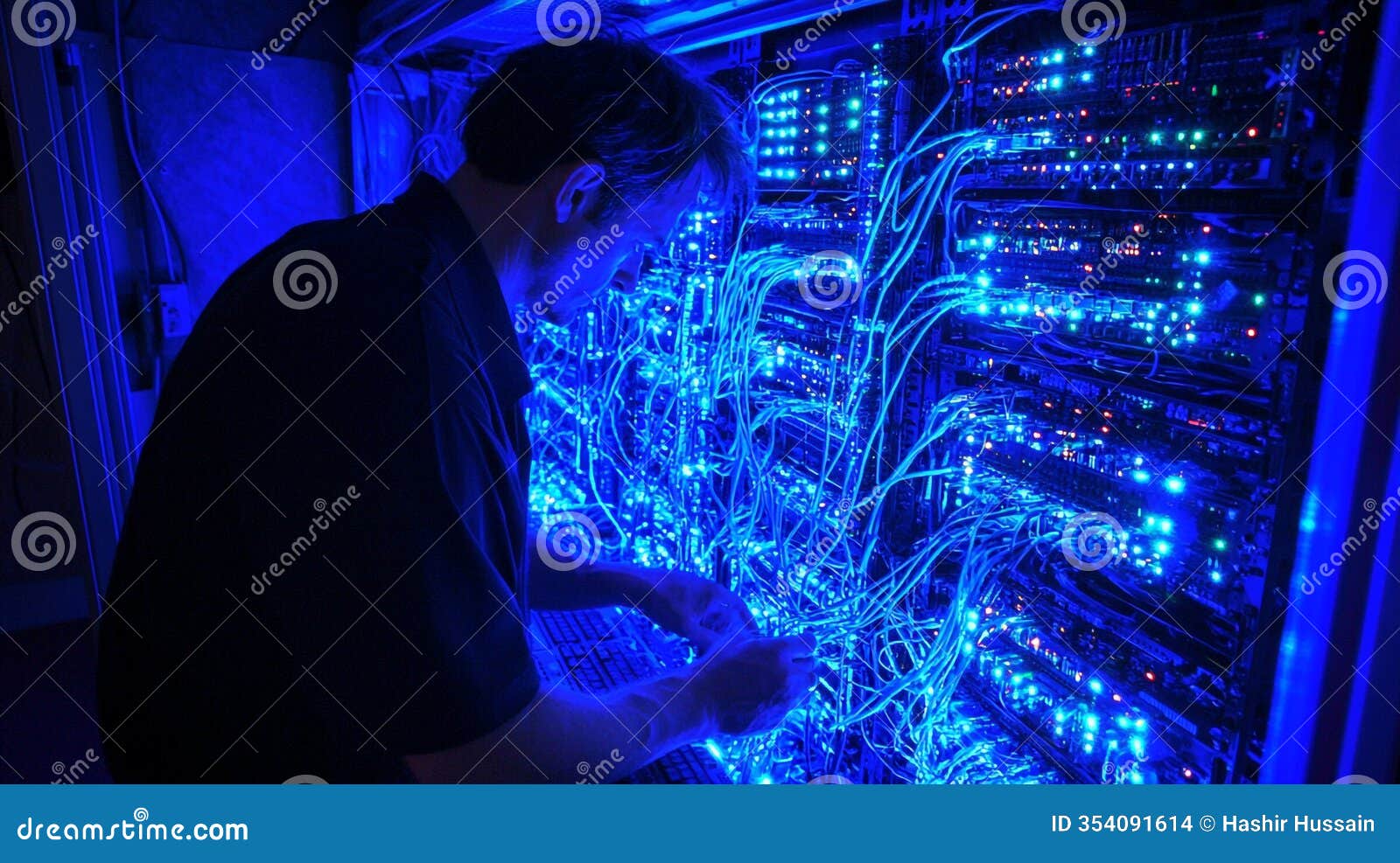 Technician Working on Complex Server Network Data Center Blue Light ...