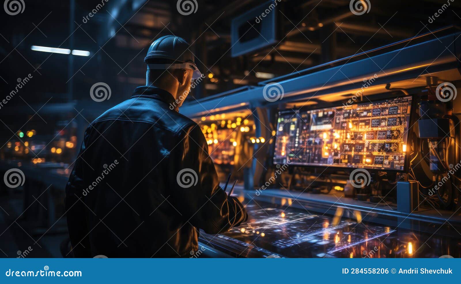 Technician Working on the Control Panel of the Factory at Night ...
