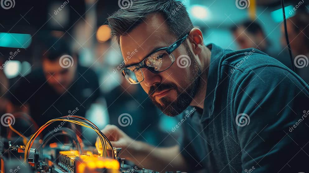 Technician Working on Fiber Optic Installation with Tools and Equipment ...