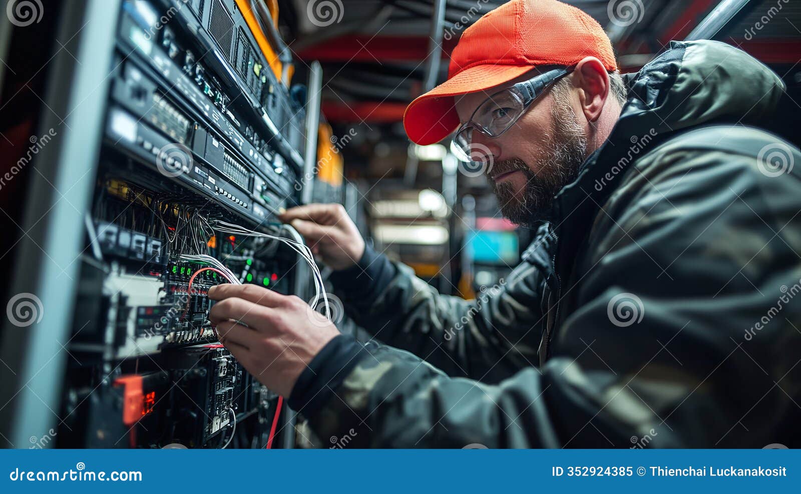 Technician Working on Fiber Optic Network in Control Room, Focused and ...