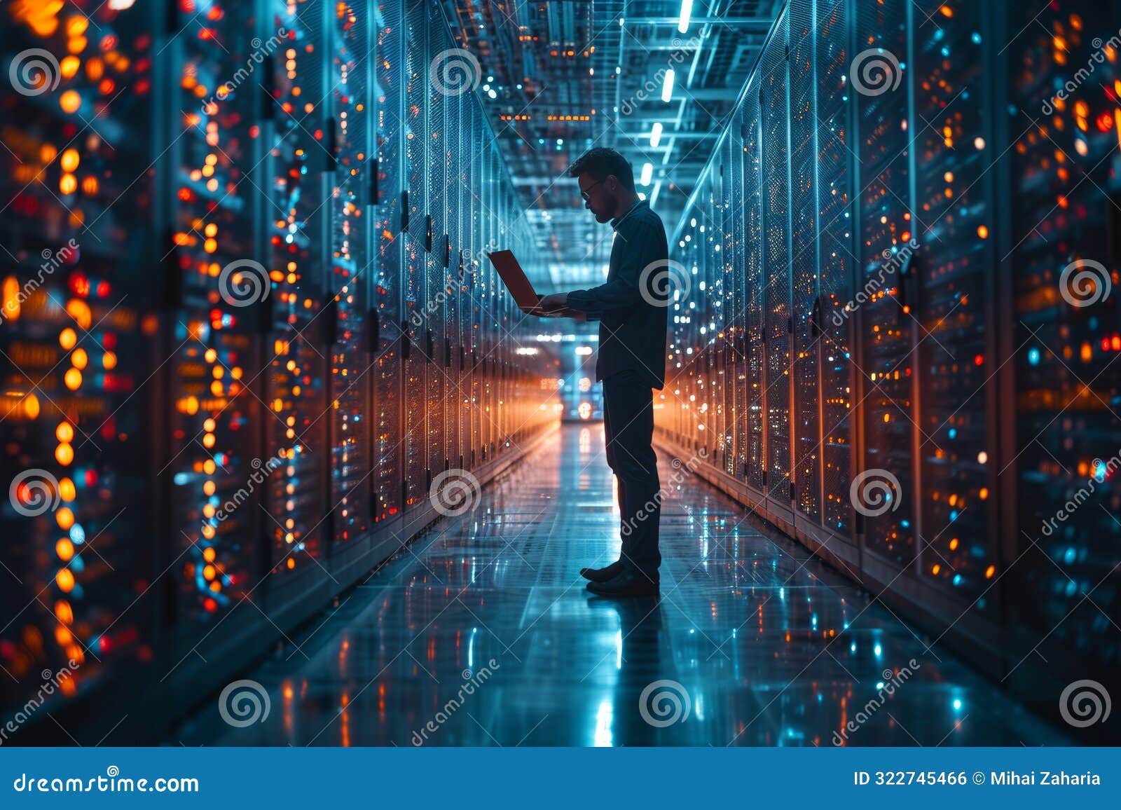Technician Working with Laptop in Modern Data Center Stock Illustration ...
