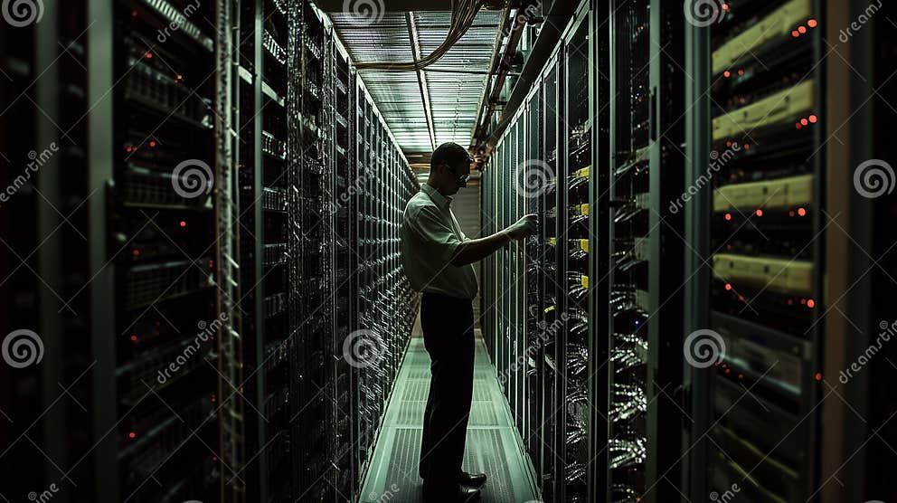 It Technician Working in a Large Data Center, Inspecting Server Racks ...
