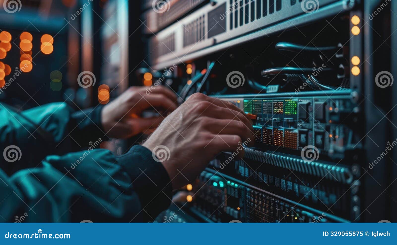 Technician Working on a Server in a Data Center Full of Rack-mounted ...