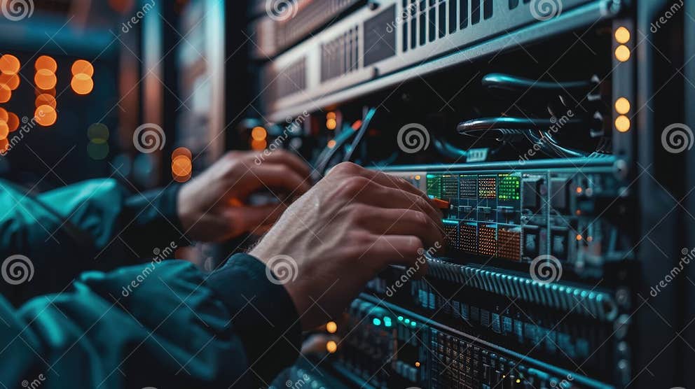 Technician Working on a Server in a Data Center Full of Rack-mounted ...