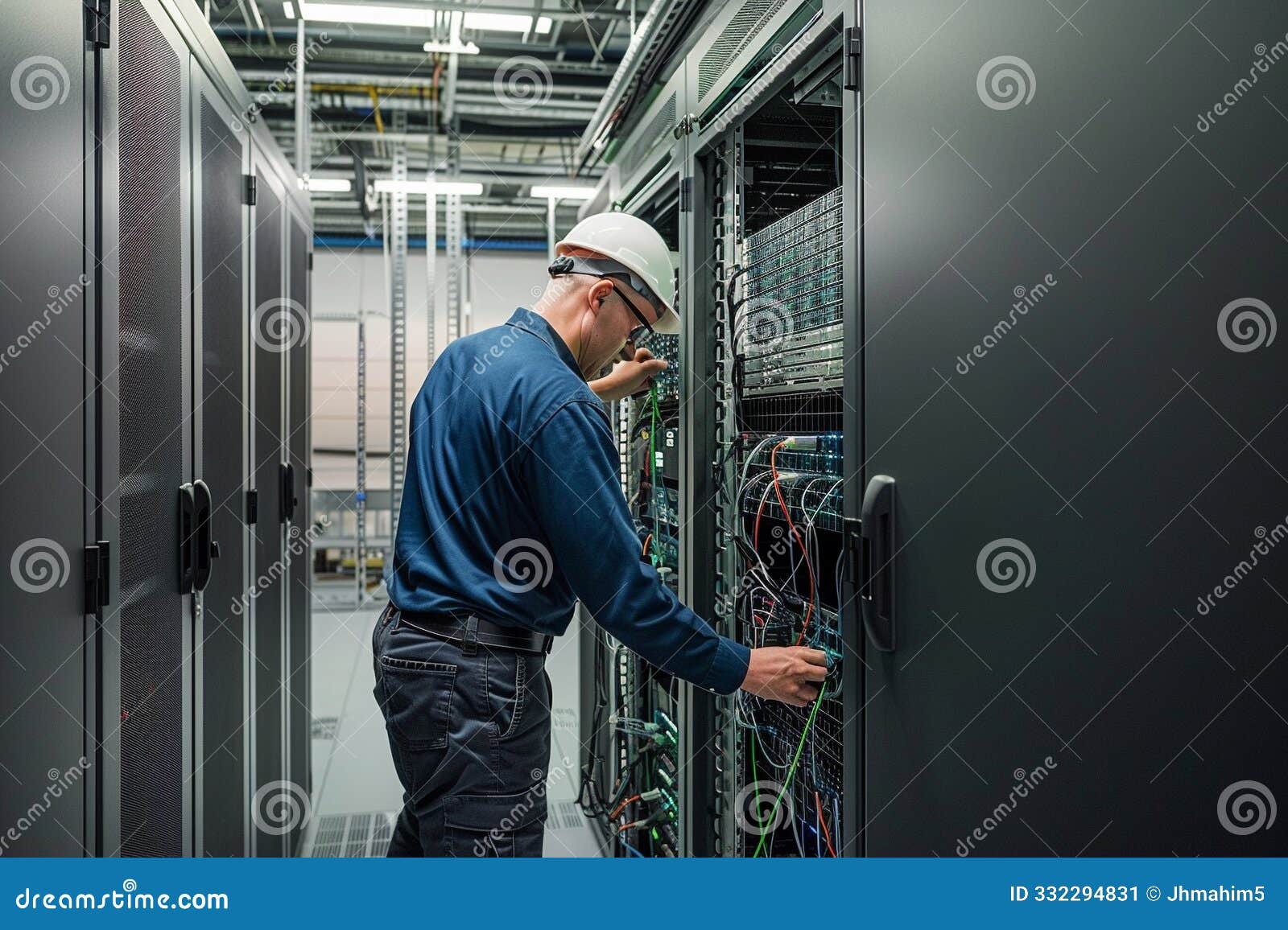 Technician Working on Server Racks in a Data Center Stock Illustration ...