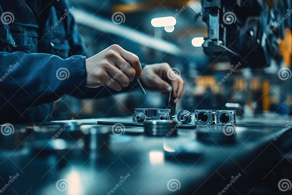 A Technician Works on Mechanical Components in a Workshop, Focusing on ...