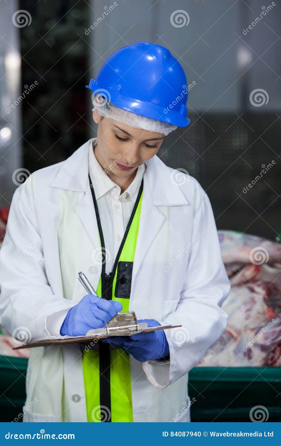 Technician Writing on Clipboard at Meat Factory Stock Photo - Image of ...