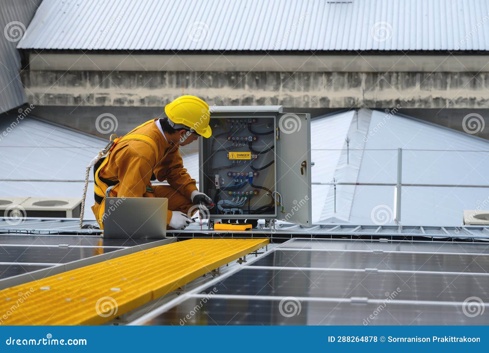 Technician Young Wearing Safety Protective Clothing and Safety Belt To ...