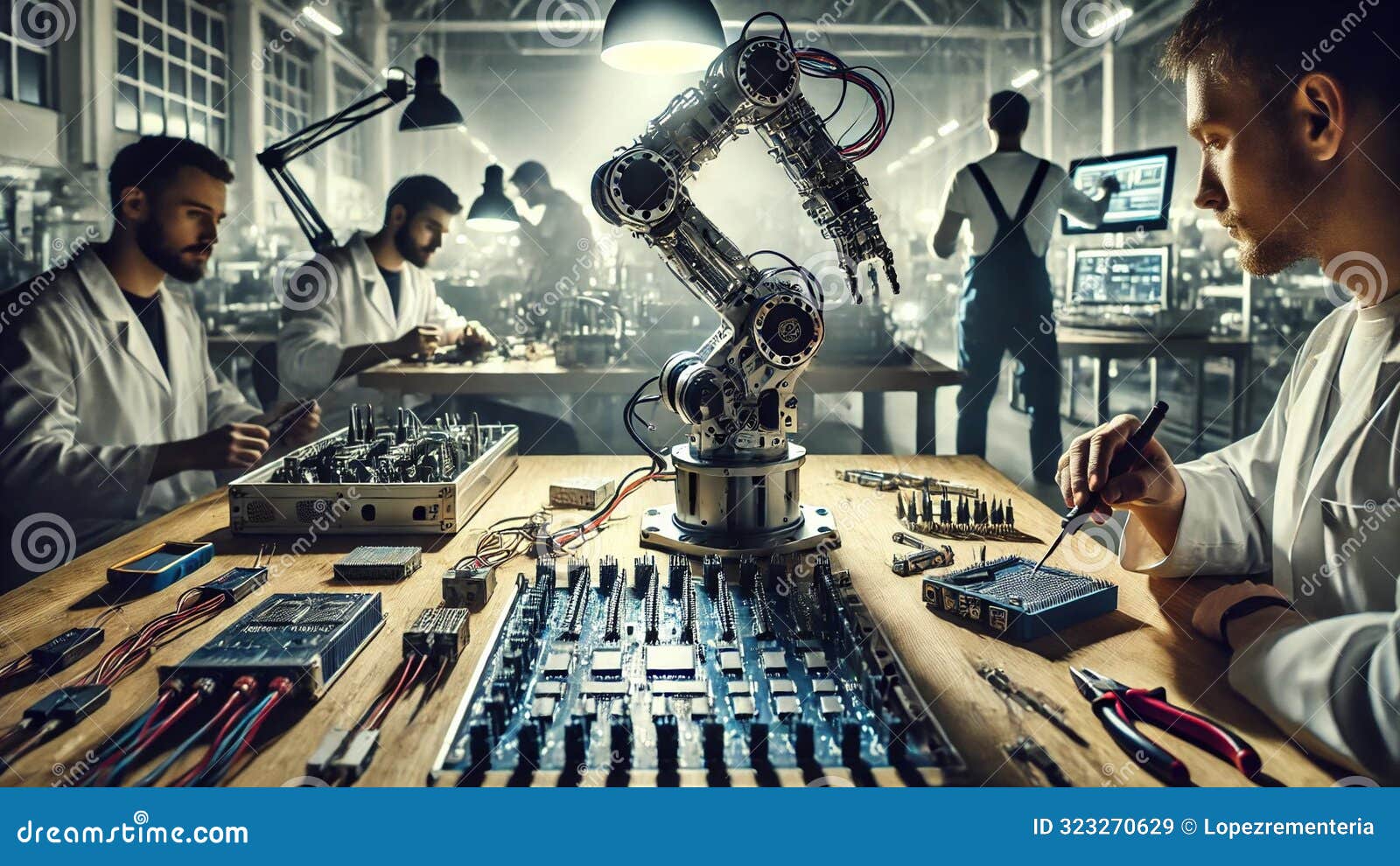 Technicians Building Robotic Arm In High-Tech Workshop With Electronics ...