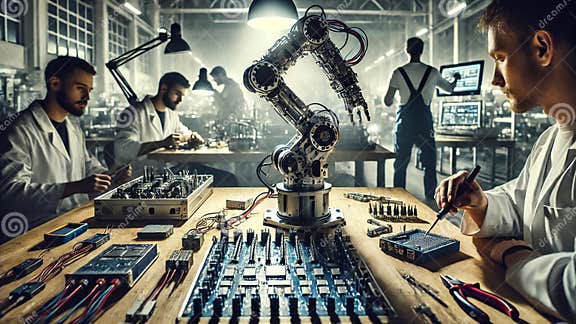 Technicians Building Robotic Arm in High-Tech Workshop with Electronics Stock Illustration ...