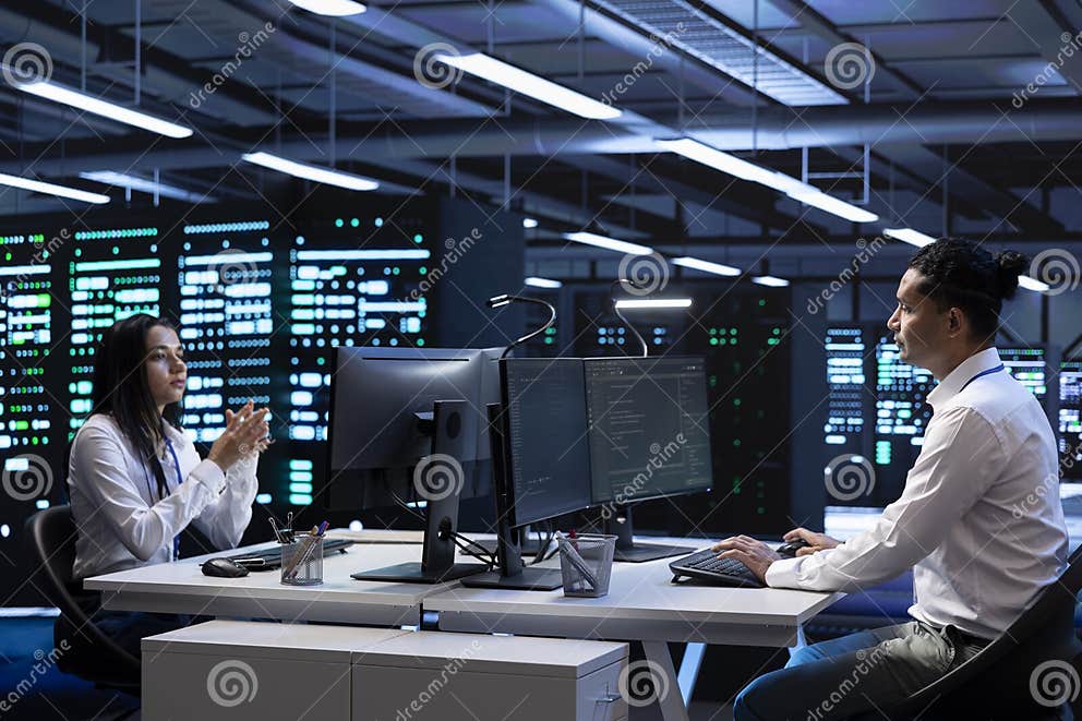 Technicians in Data Center Workspace Running System Diagnostic Tests ...