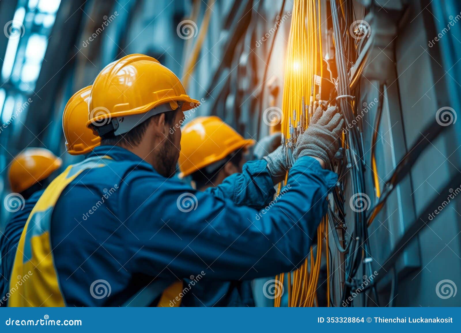 Technicians in Hard Hats Working on Fiber Optic Cables, Focused ...