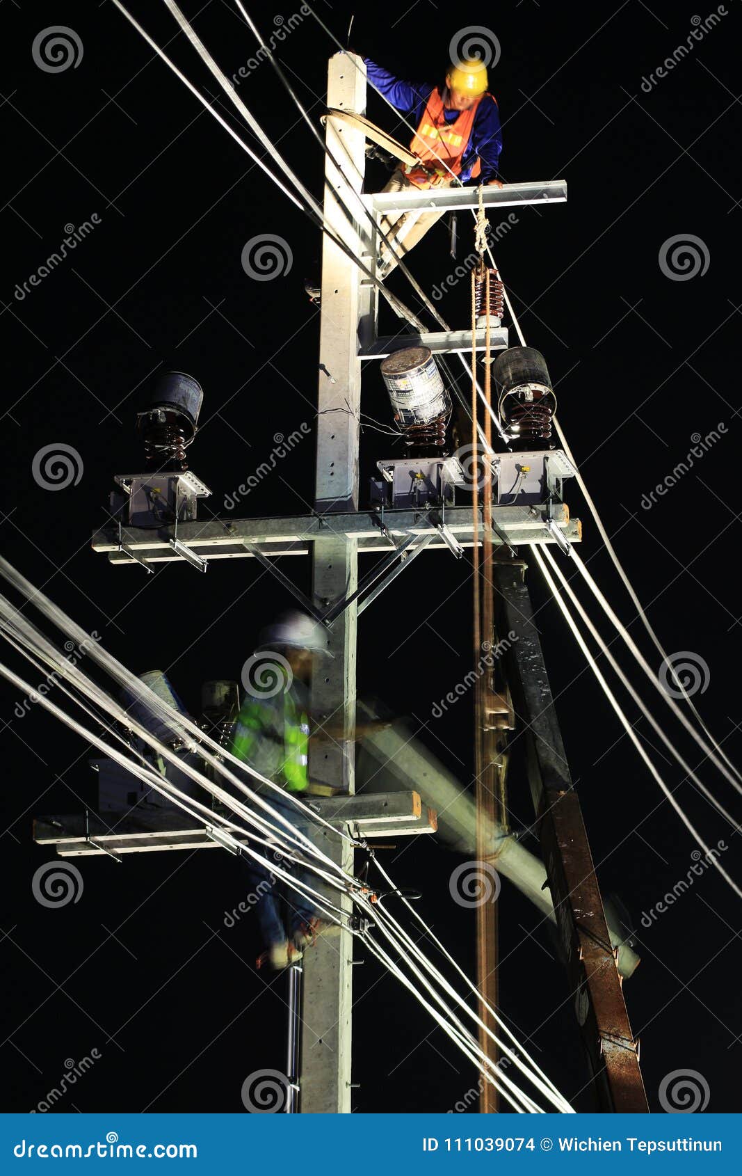 Technicians Working on Electrical Pole at Night Editorial Stock Image ...