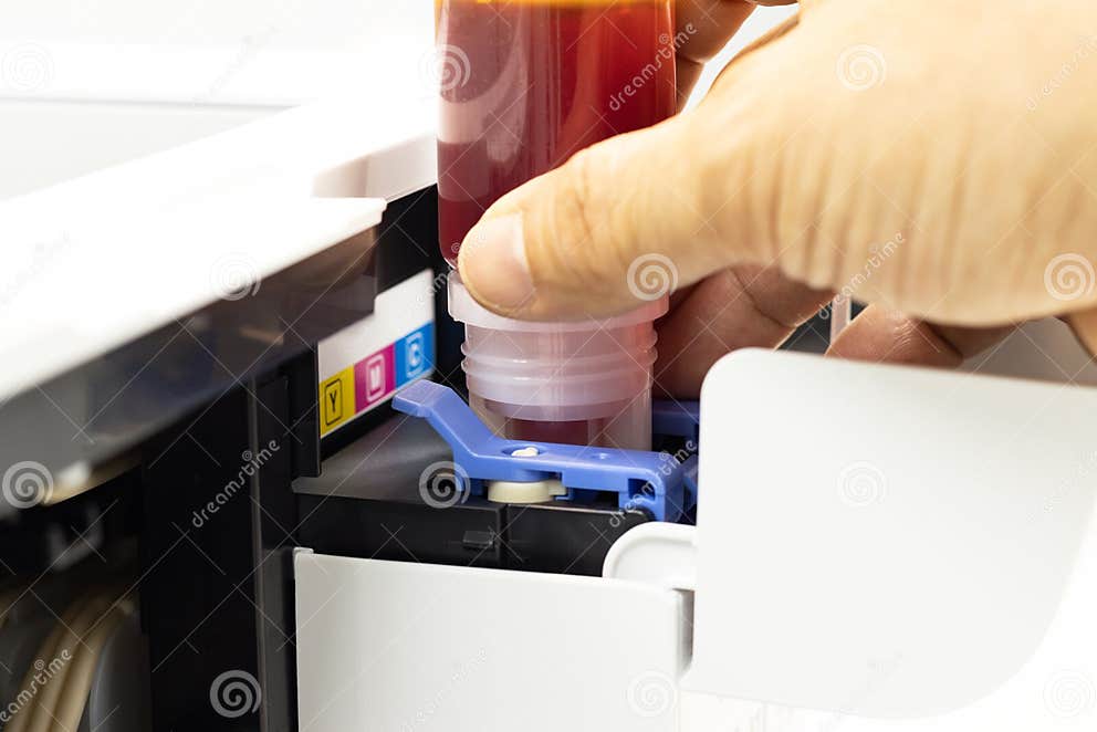 Technicians are Installing Setup the Ink and Insert Ink into the Fill ...