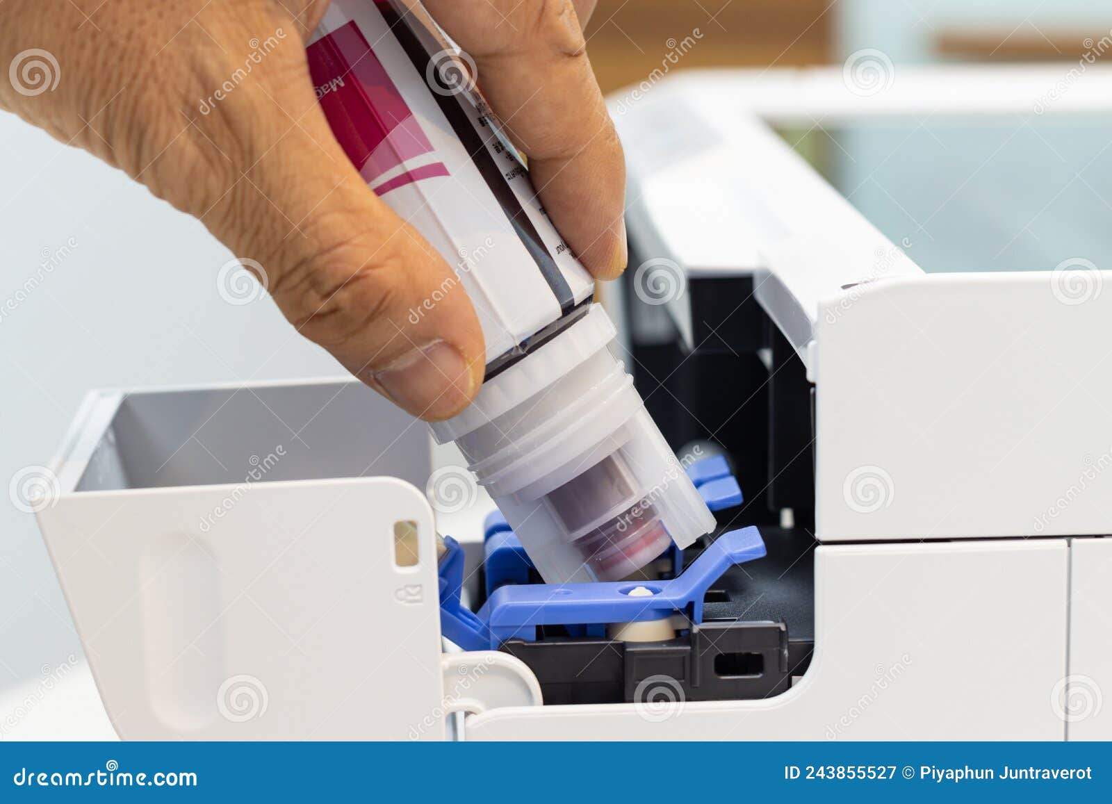 Technicians are Installing Setup the Ink and Insert Ink into the Fill ...