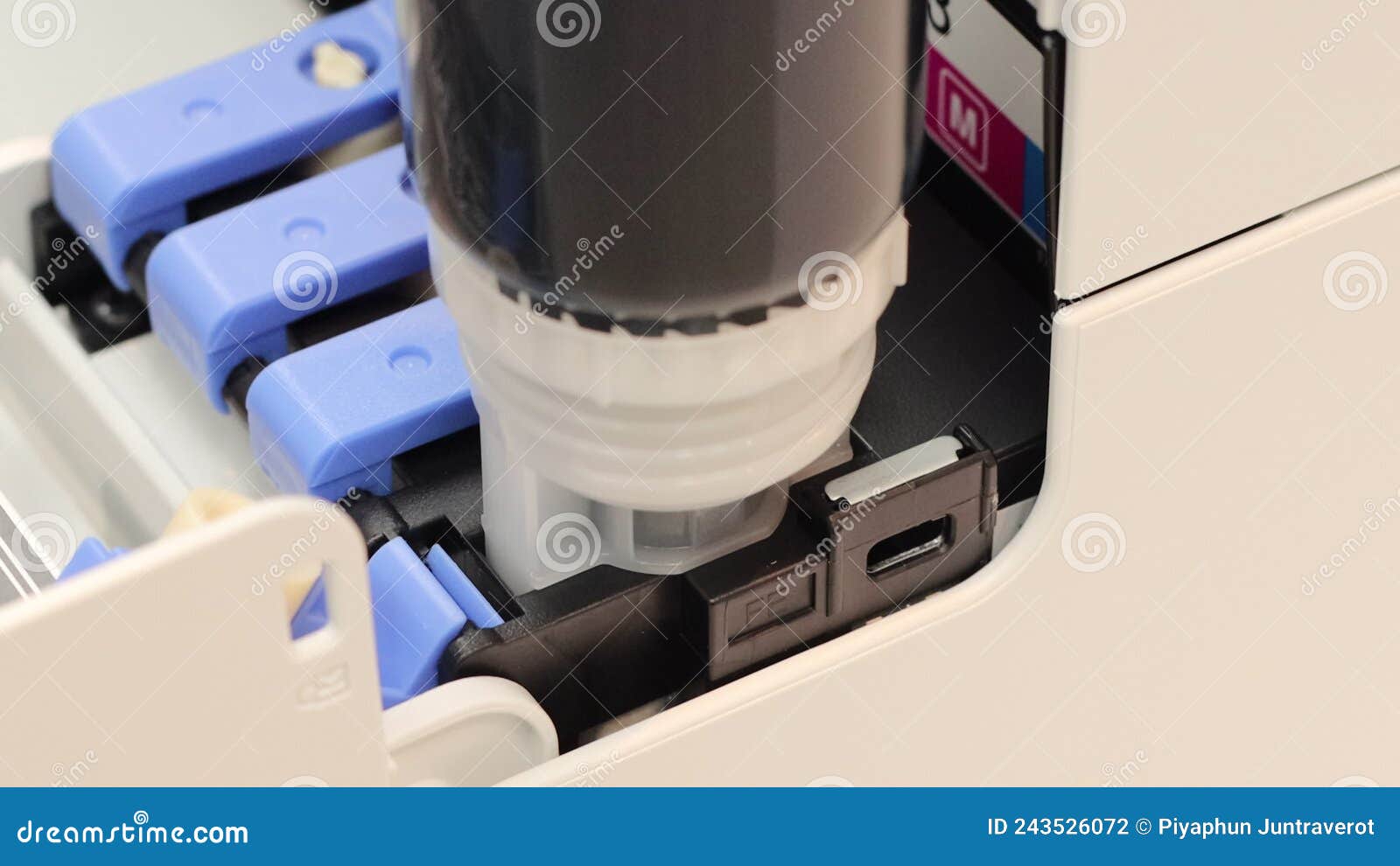 Technicians are Installing Setup the Ink and Insert Ink into the Fill ...