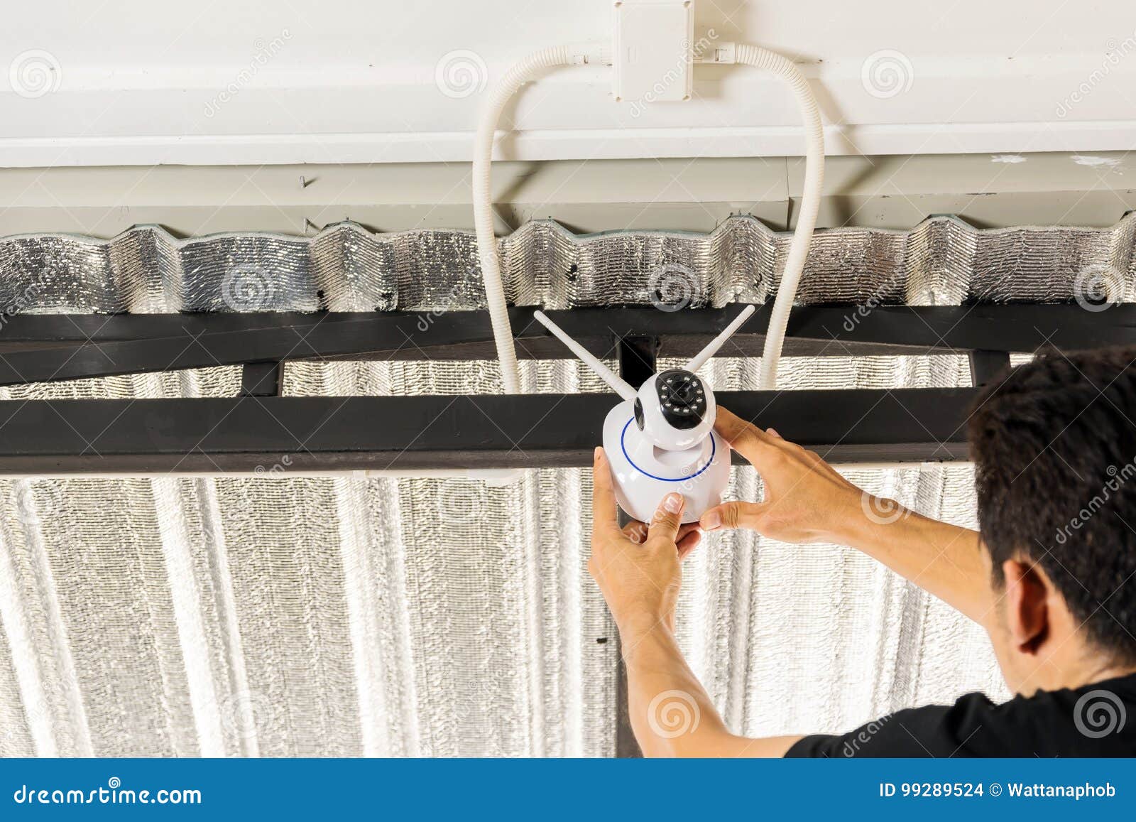 Technicians are Installing a Wireless Cctv Camera on the Roof Stock ...