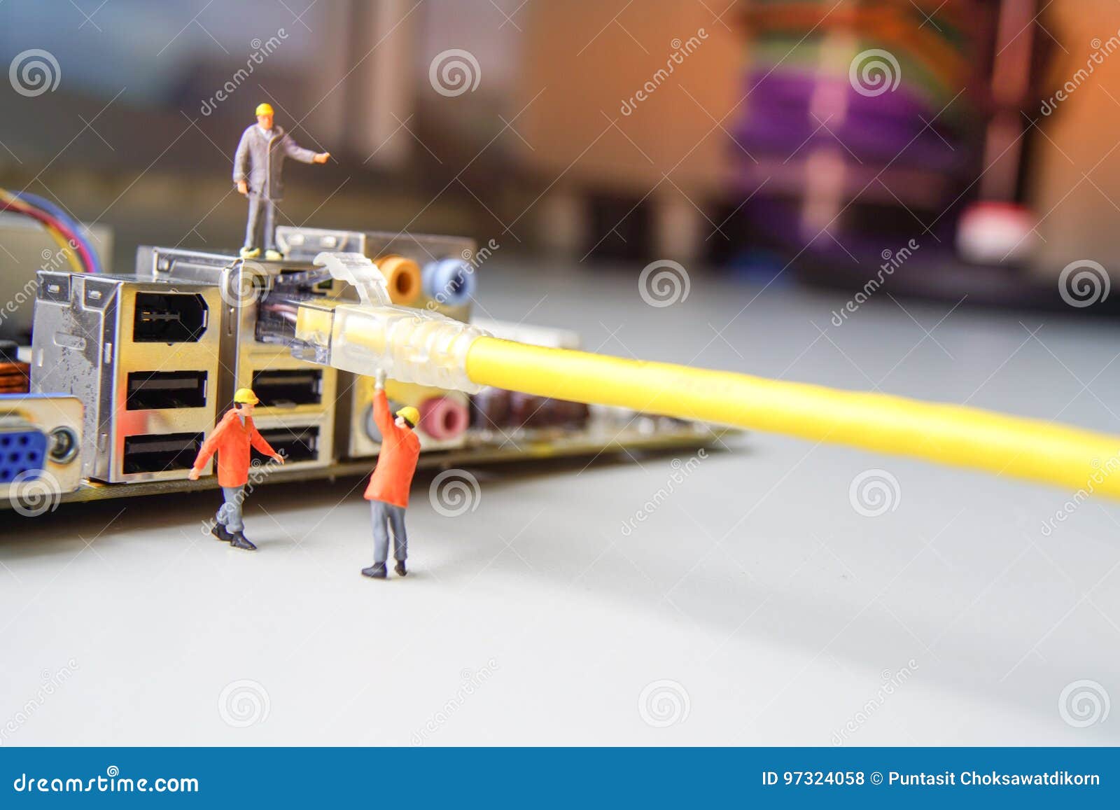 Technicians Try To Connecting Cable Wire Network Connected Stock Photo ...
