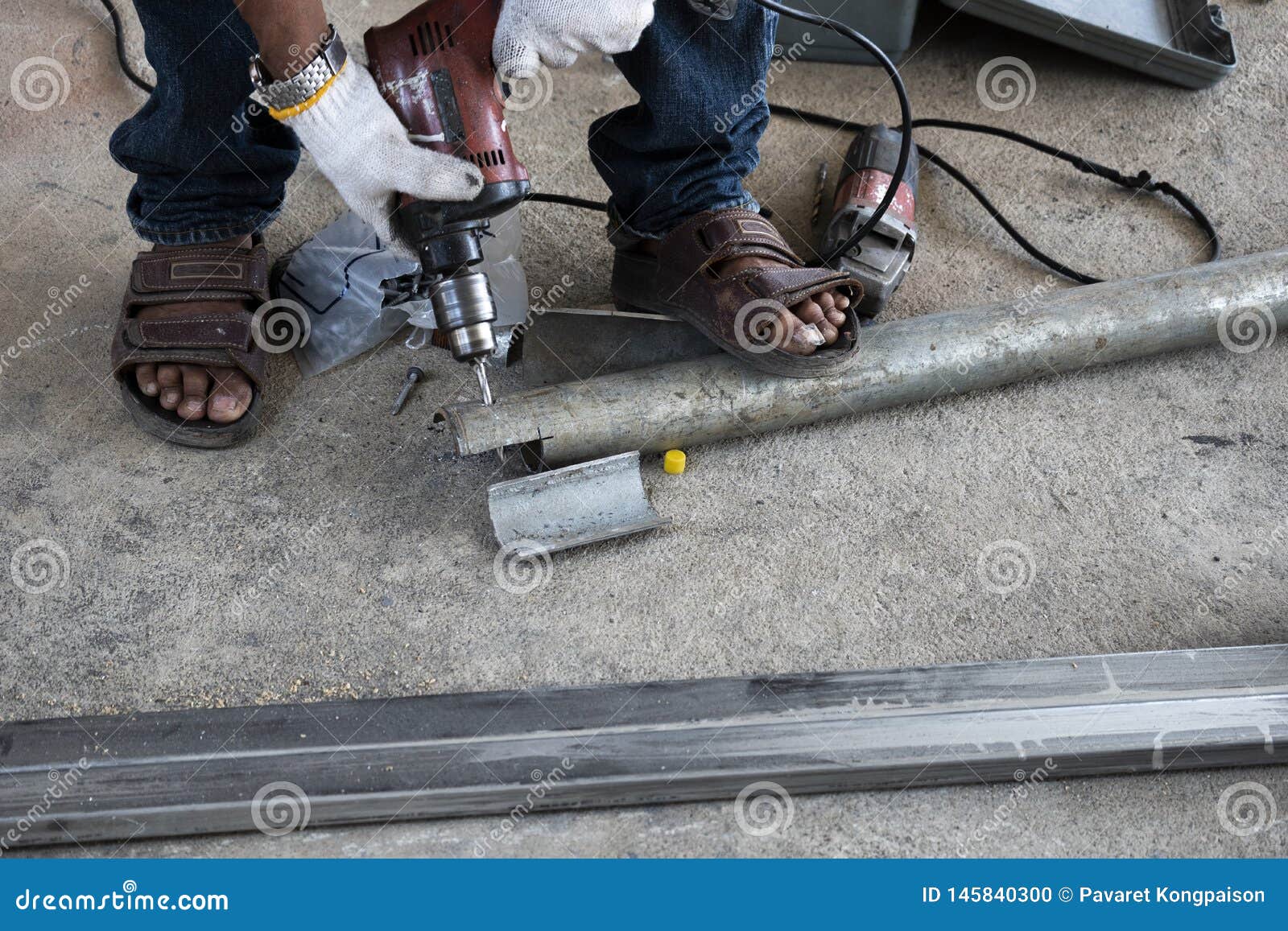 Technicians Use Metal Pipe Drilling Machines Stock Photo - Image of ...