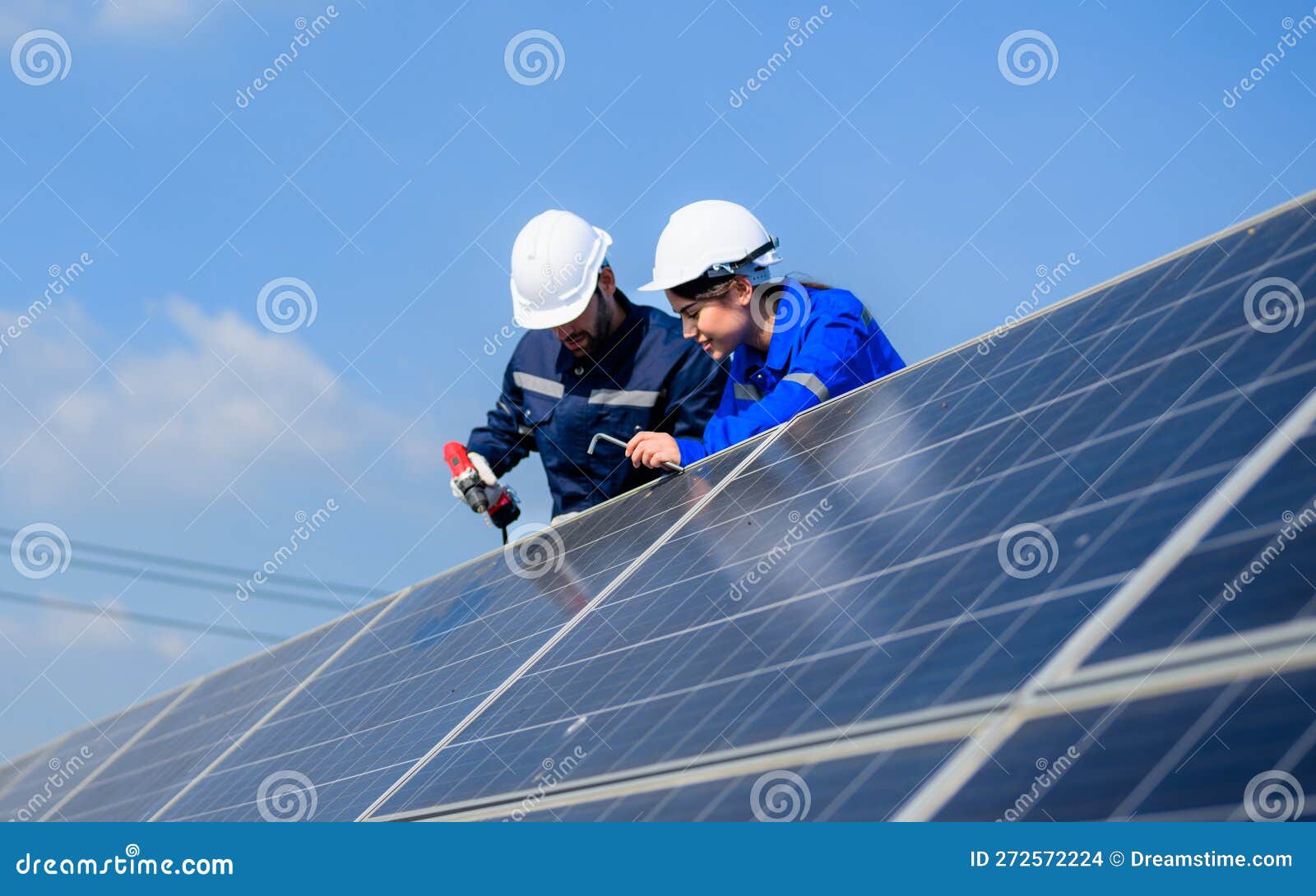 Technicians Workers Team Installing Solar Panels at Industrial Solar ...
