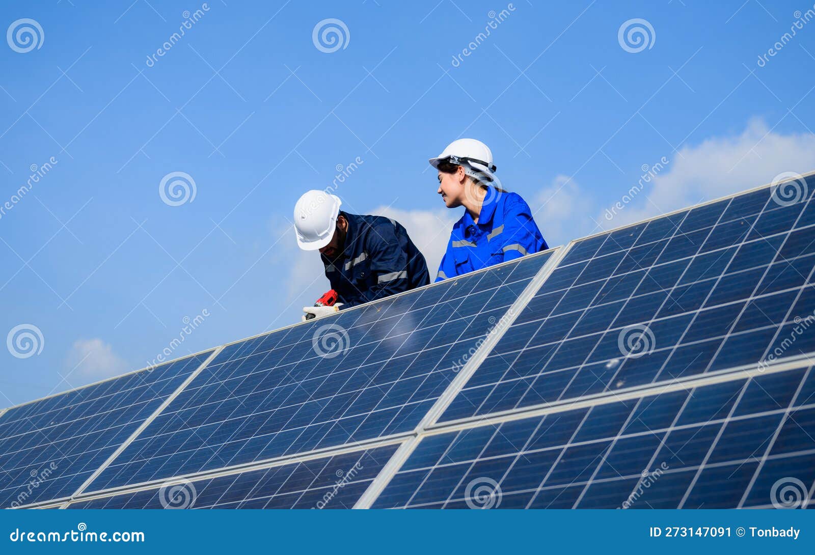 Technicians Workers Team Installing Solar Panels at Industrial Solar ...