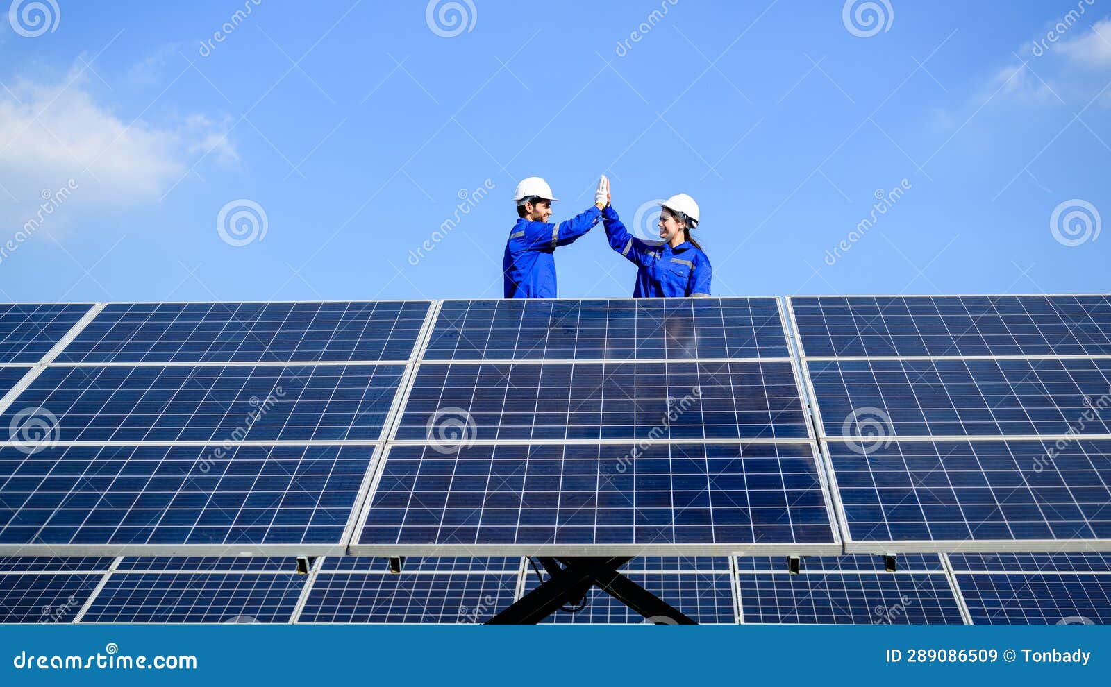 Technicians Workers Installing Solar Panels at Solar Cell Farm Stock ...