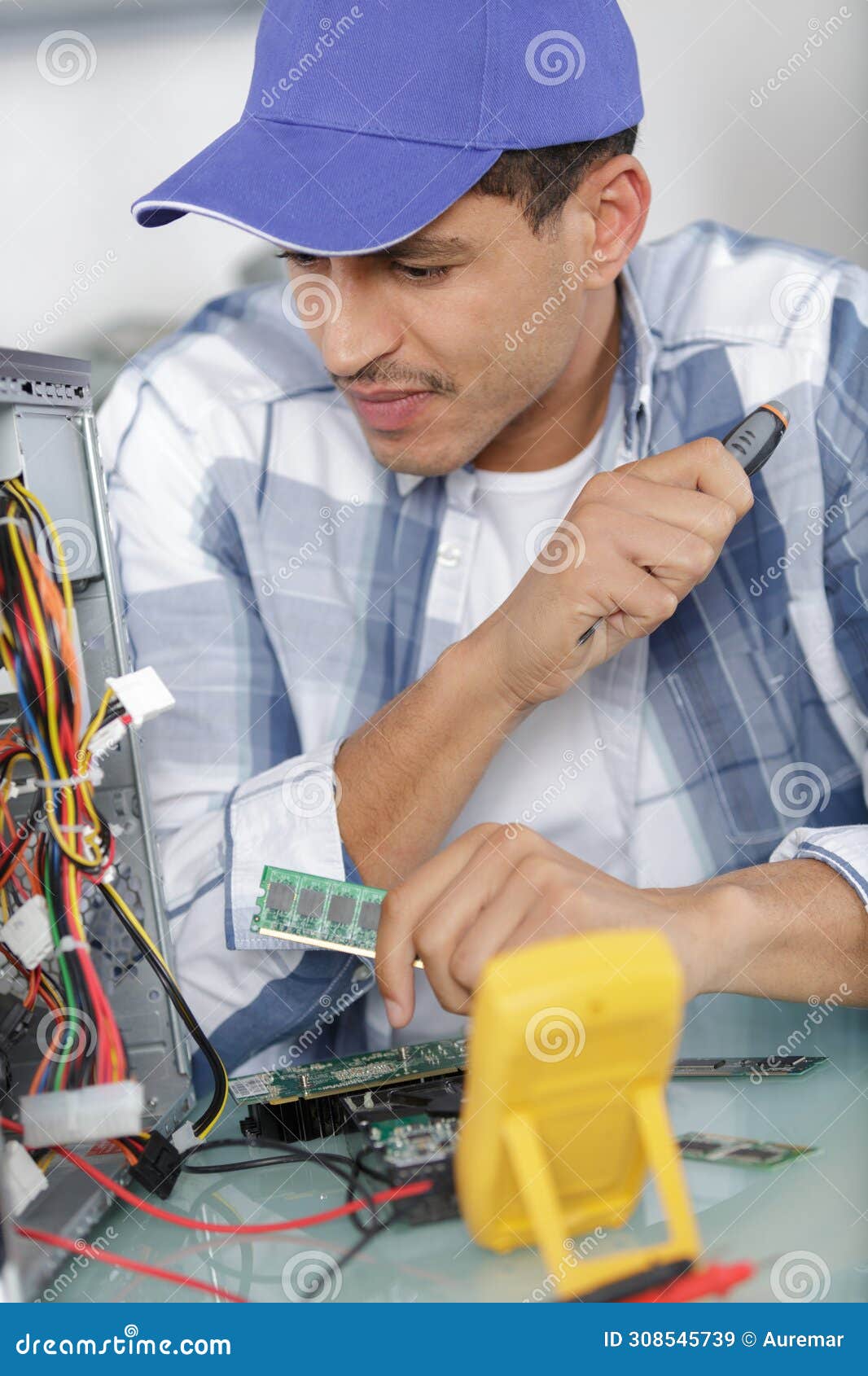 Technicians Working on Broken Computer in Workshop Stock Image - Image ...